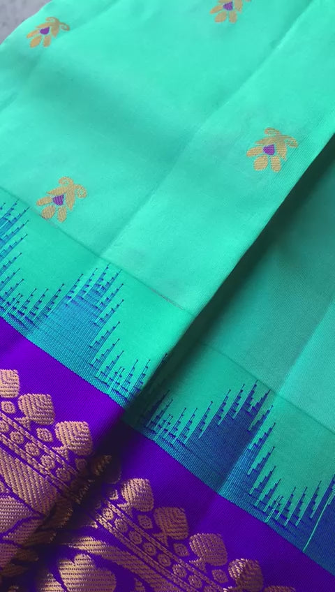 Pure Kanchipuram Silk Saree Turquoise & Burgundy & Golden Zari ...